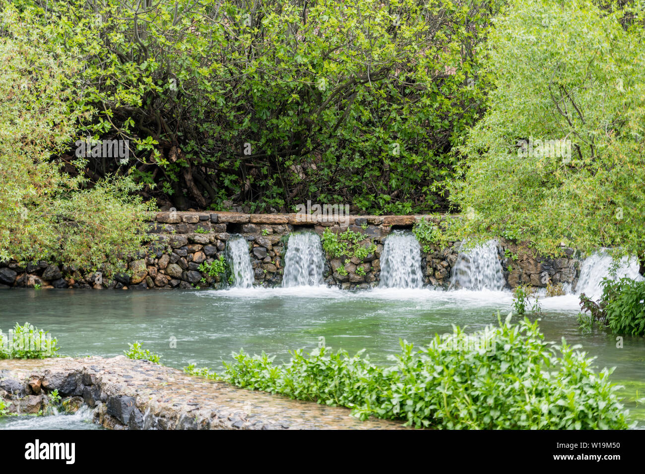 In the background of the Banias Spring is Pan's Cave, where the ...