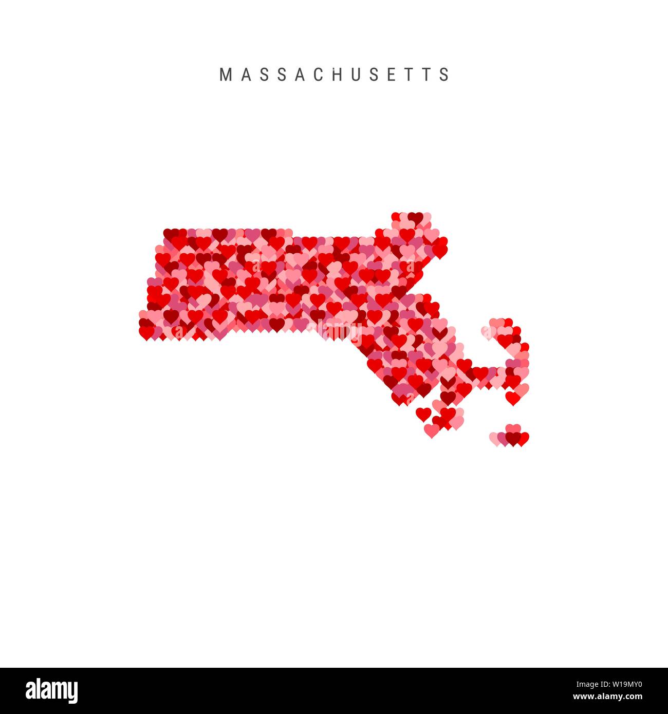 I Love Massachusetts. Red and Pink Hearts Pattern Vector Map of ...