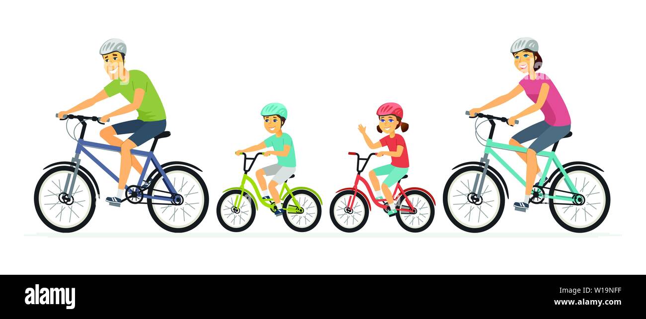 Parents and children cycling - cartoon people characters illustration ...