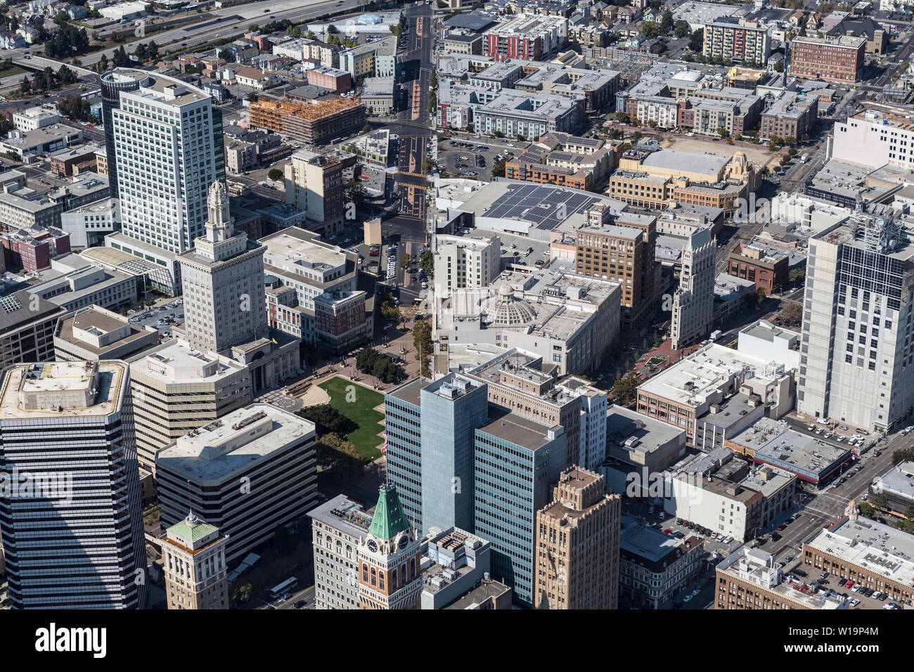 Aerial view of downtown buildings and streets in Oakland California ...
