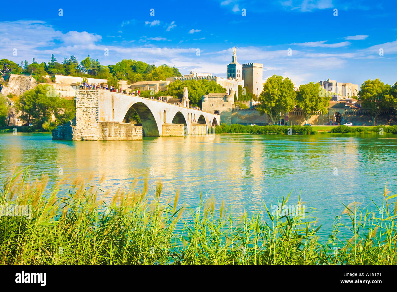 Avignon city with the ancient broken medieval bridge of Saint Benezet ...