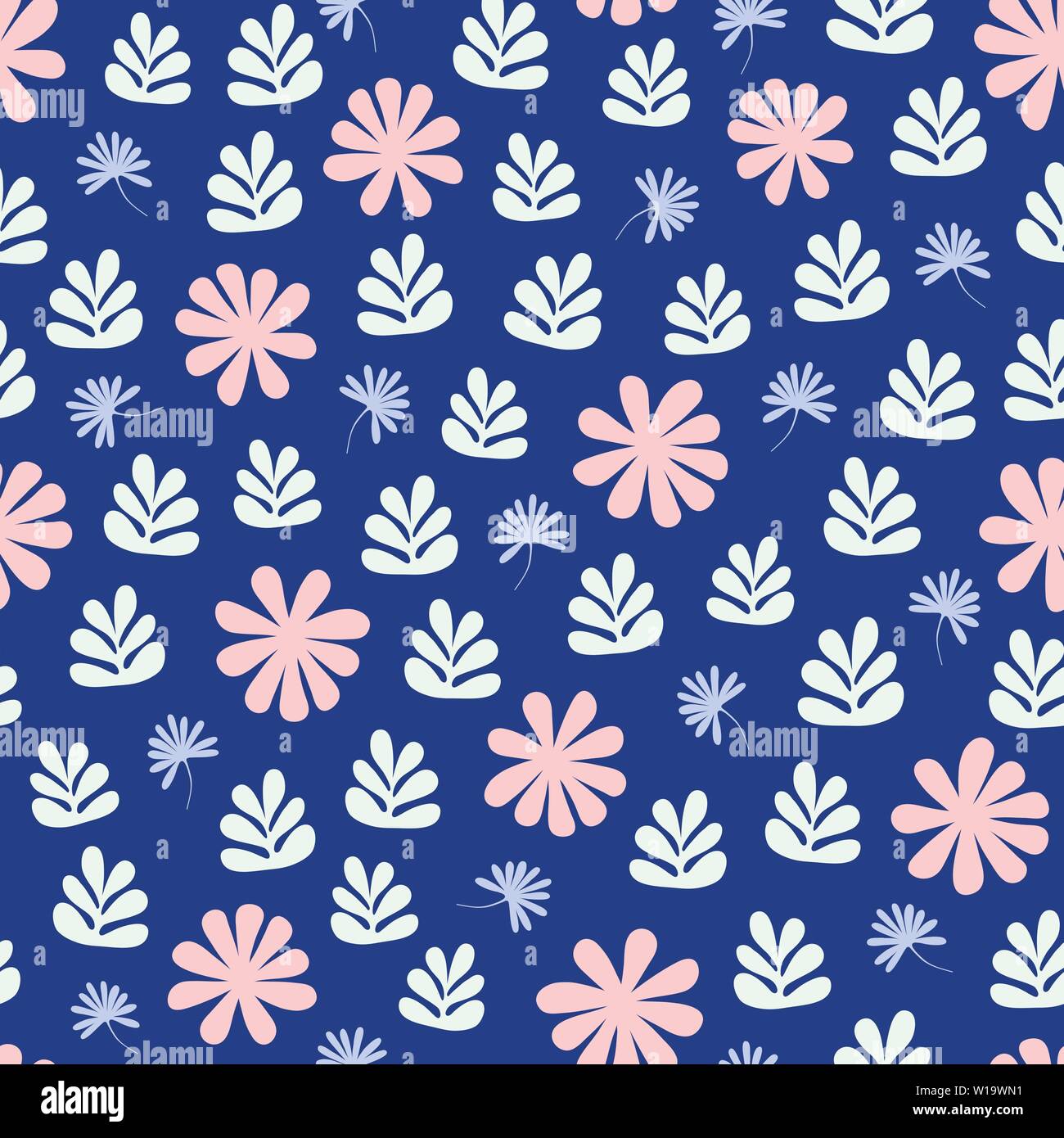 Seamless repeat pattern of stylized flowers and foliage in a tossed ...