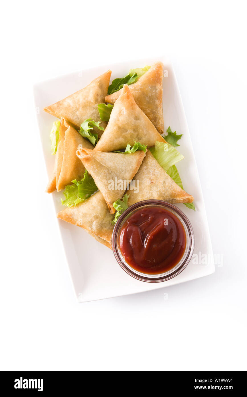 Samsa or samosas with meat and vegetables isolated on white background ...