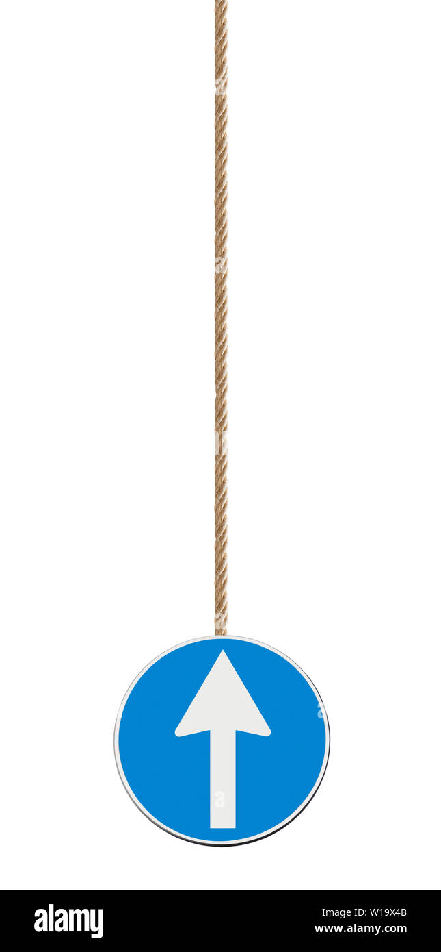 Blue arrow sign isolated on white background hanging from a rope ...