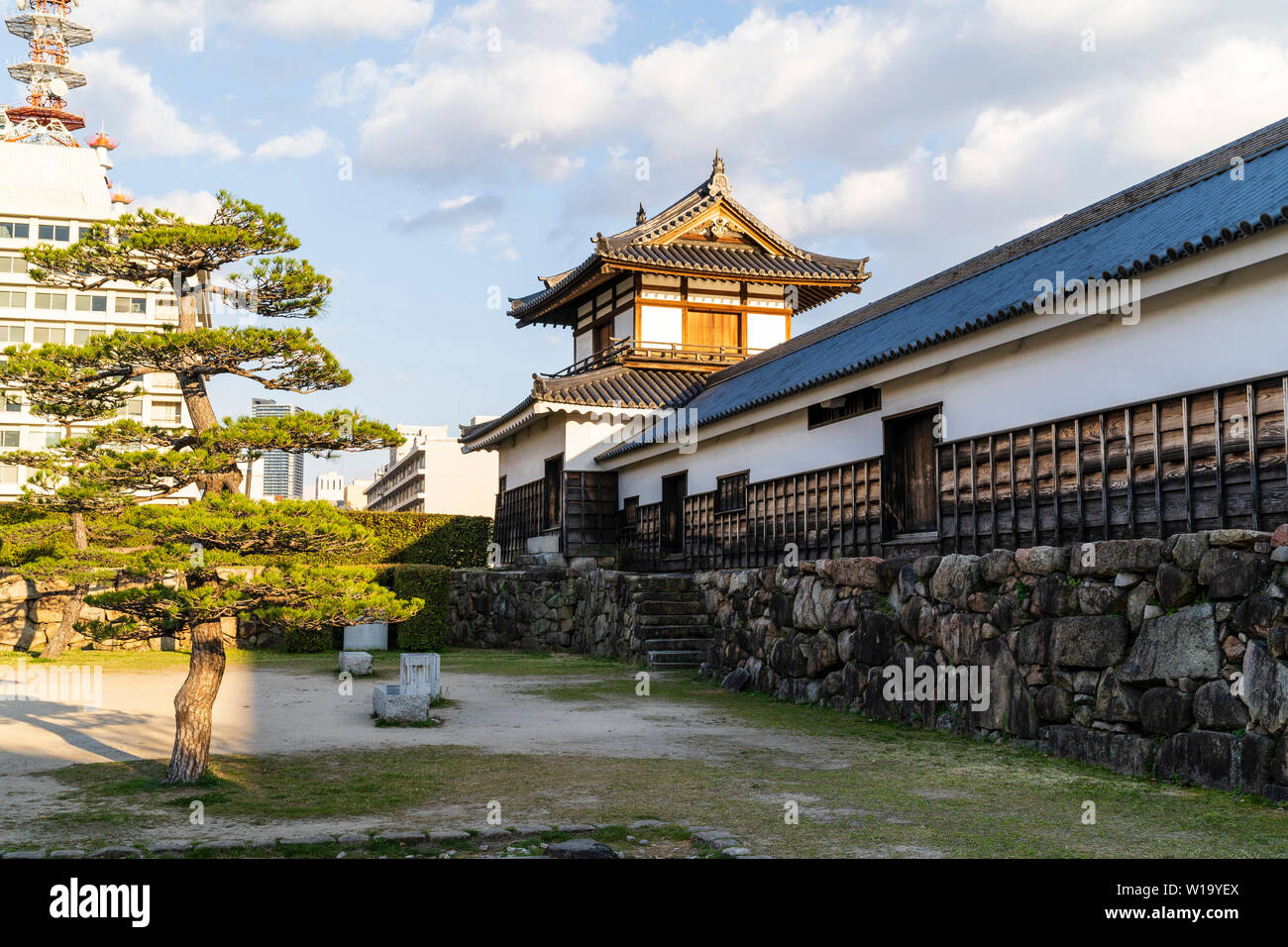 Hiroshima castle. The Tamonyagura, long turret, and the Taikoyagura ...