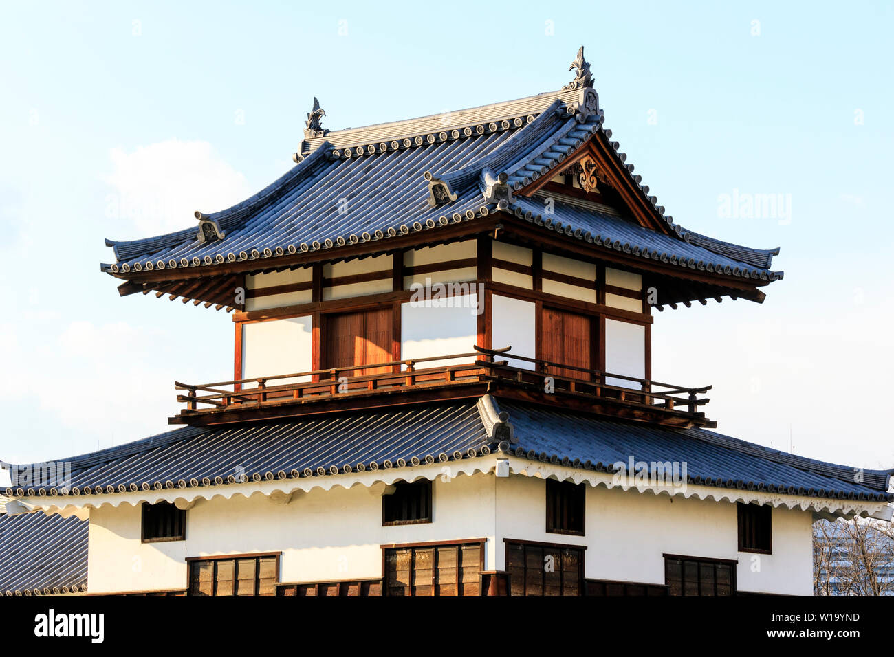 Hiroshima castle. The Tamon yagura, turret, against a blue and white ...