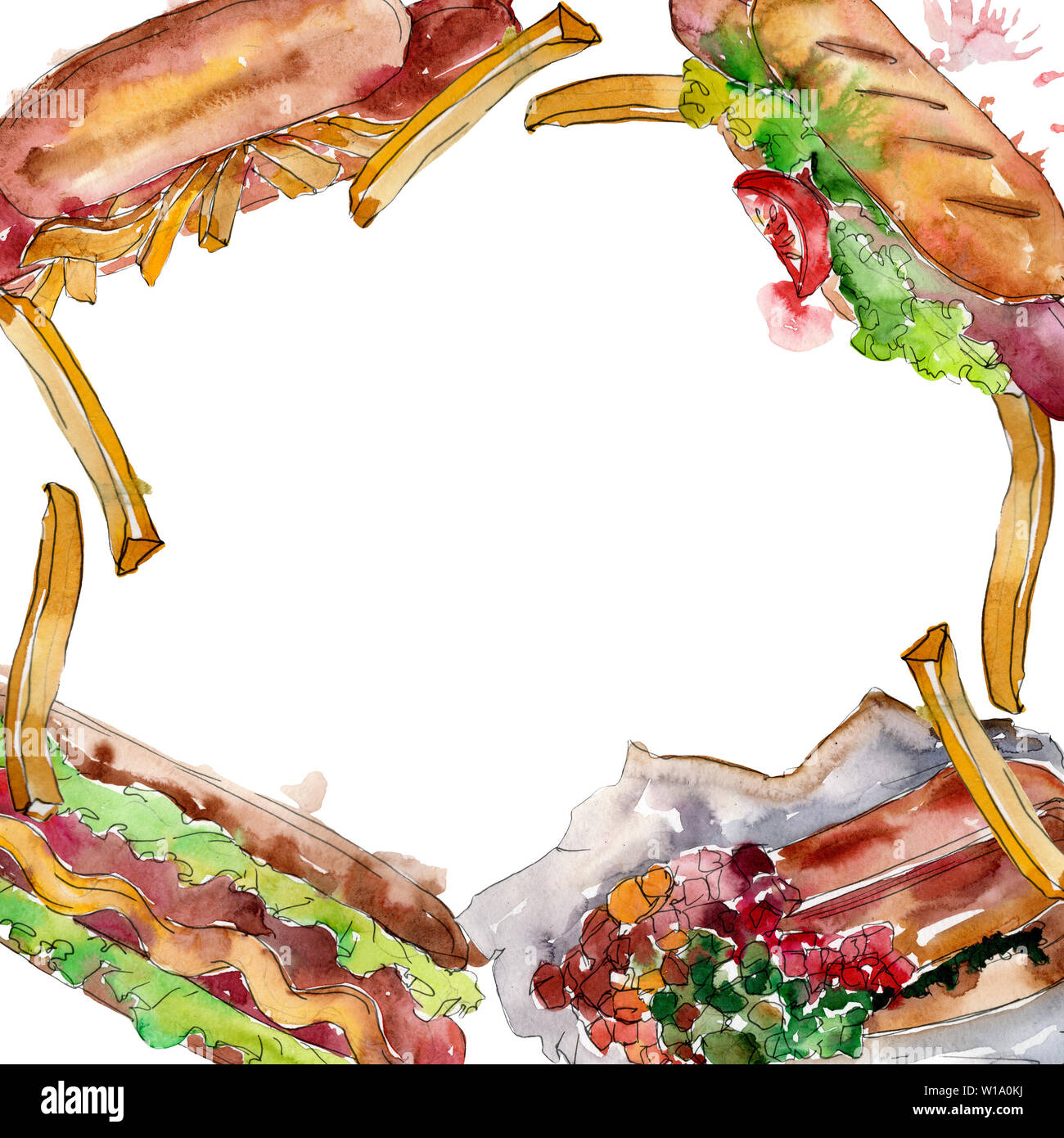 Hot dog fast food isolated. Watercolor background illustration set ...