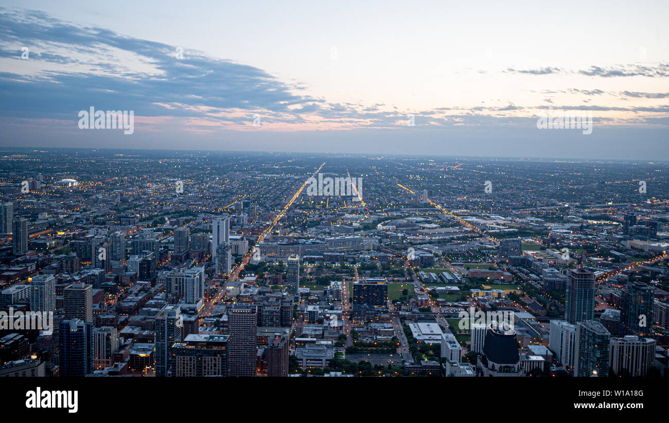 Aerial view over the city of Chicago in the evening - street ...