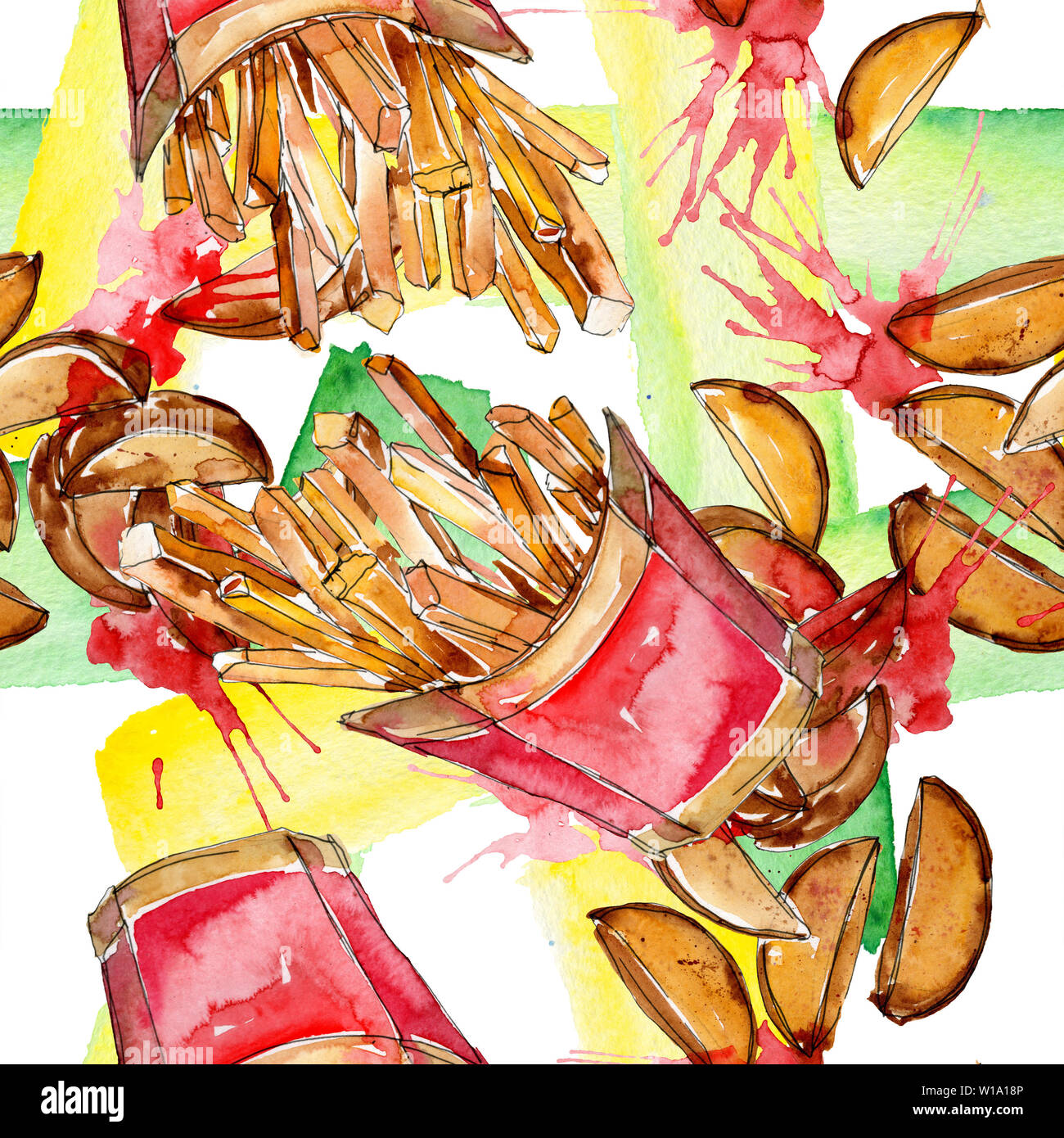 Fast food french fries in a watercolor style set. Watercolor background ...