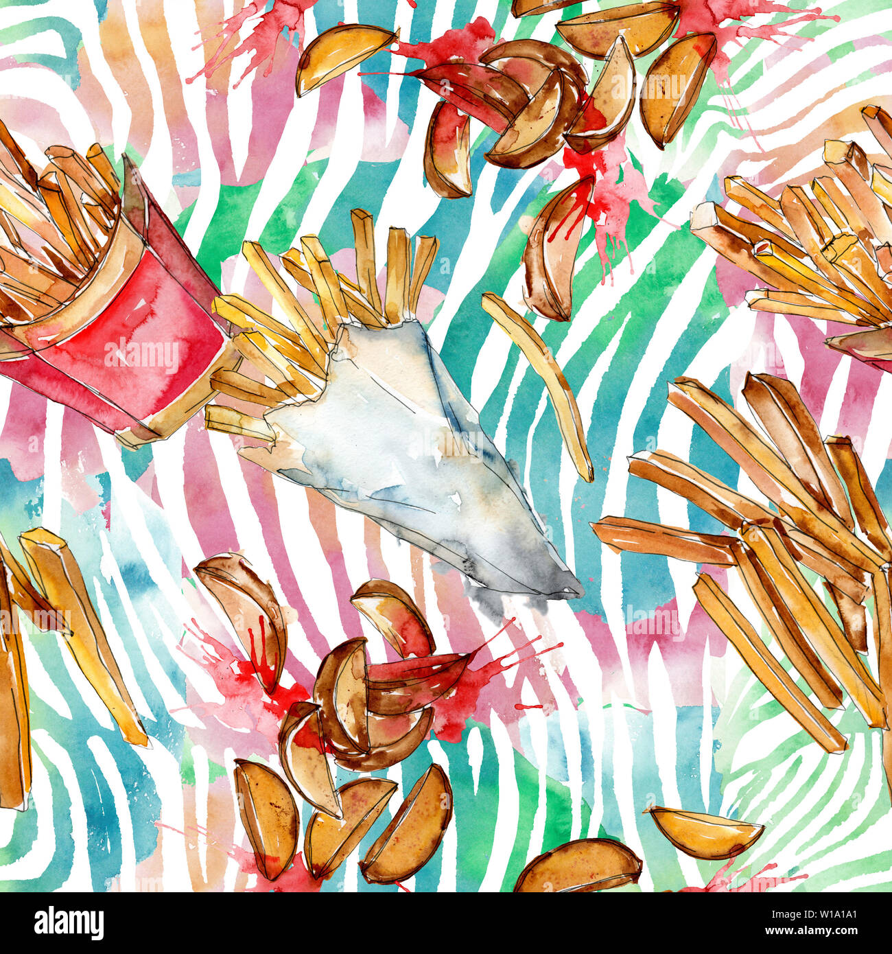 Fast food french fries in a watercolor style set. Watercolor background ...