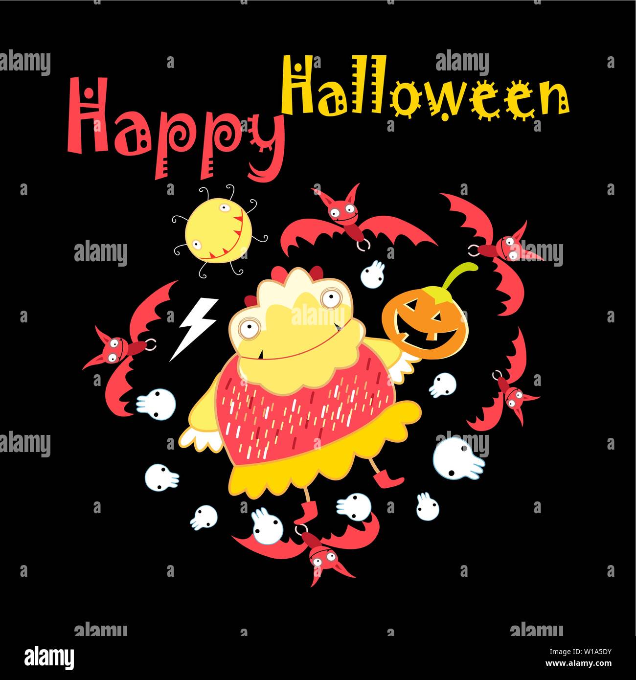 Funny illustration with monster and bats on Halloween. Sample greeting ...