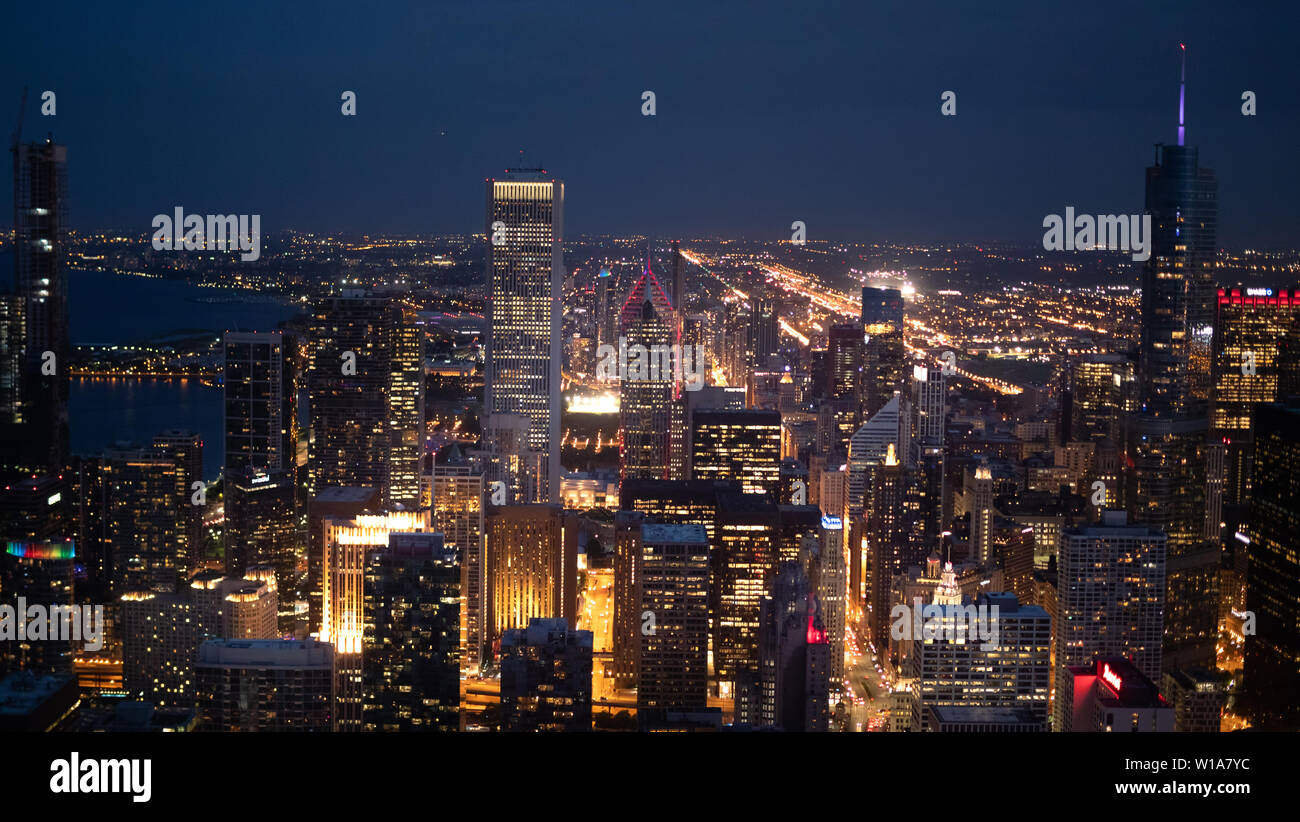Chicago by night - amazing aerial view over the skyscrapers - street ...