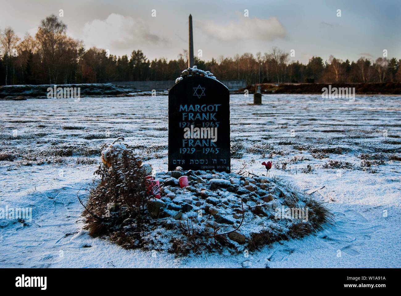 The memorial to Anne and Margot Frank at Bergen Belsen Concentration ...