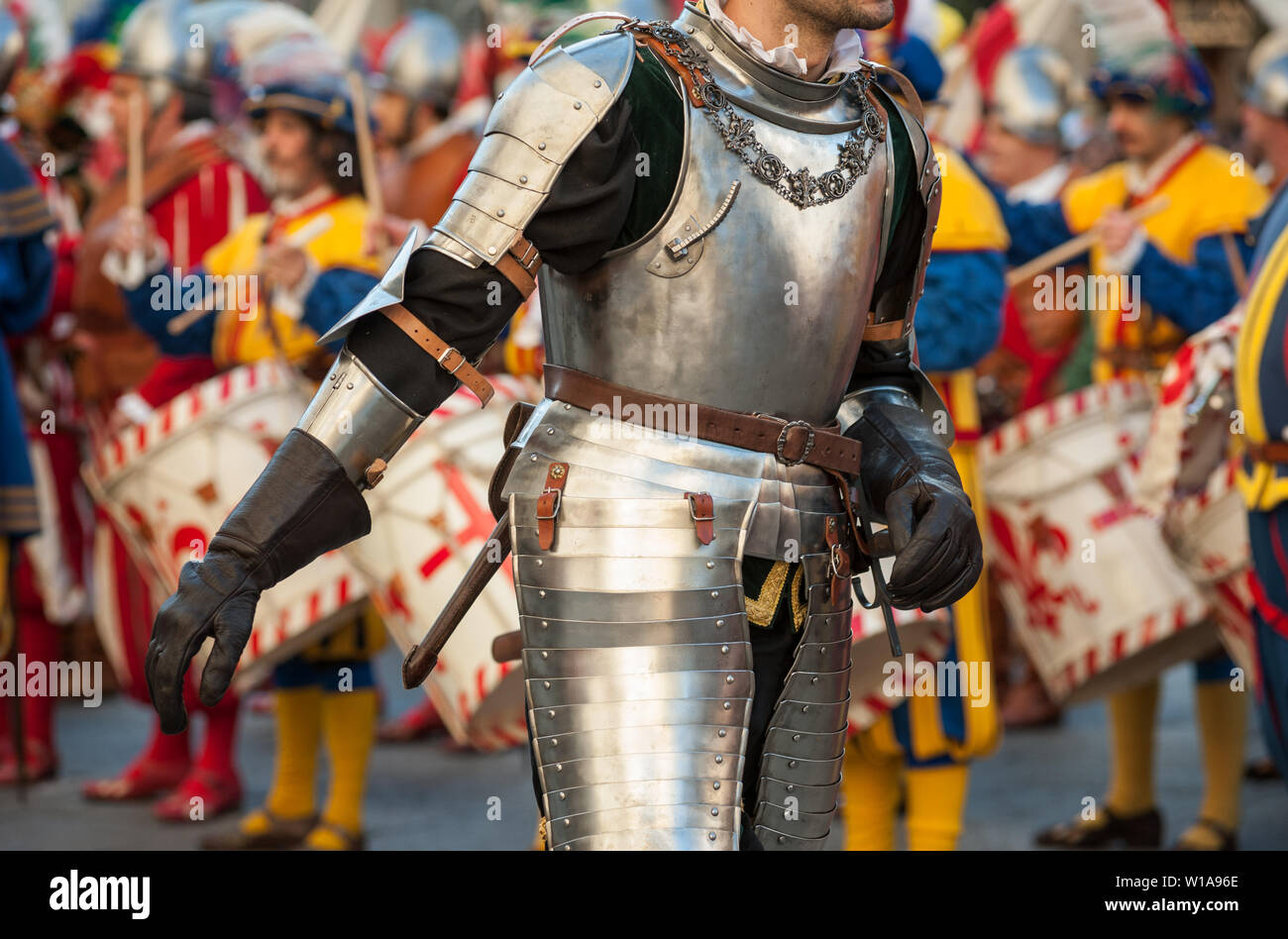 The inspection of the Medieval knight in body armor, during historical ...