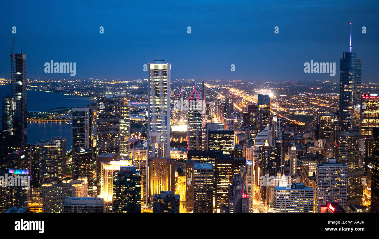 Chicago by night - amazing aerial view over the skyscrapers - street ...