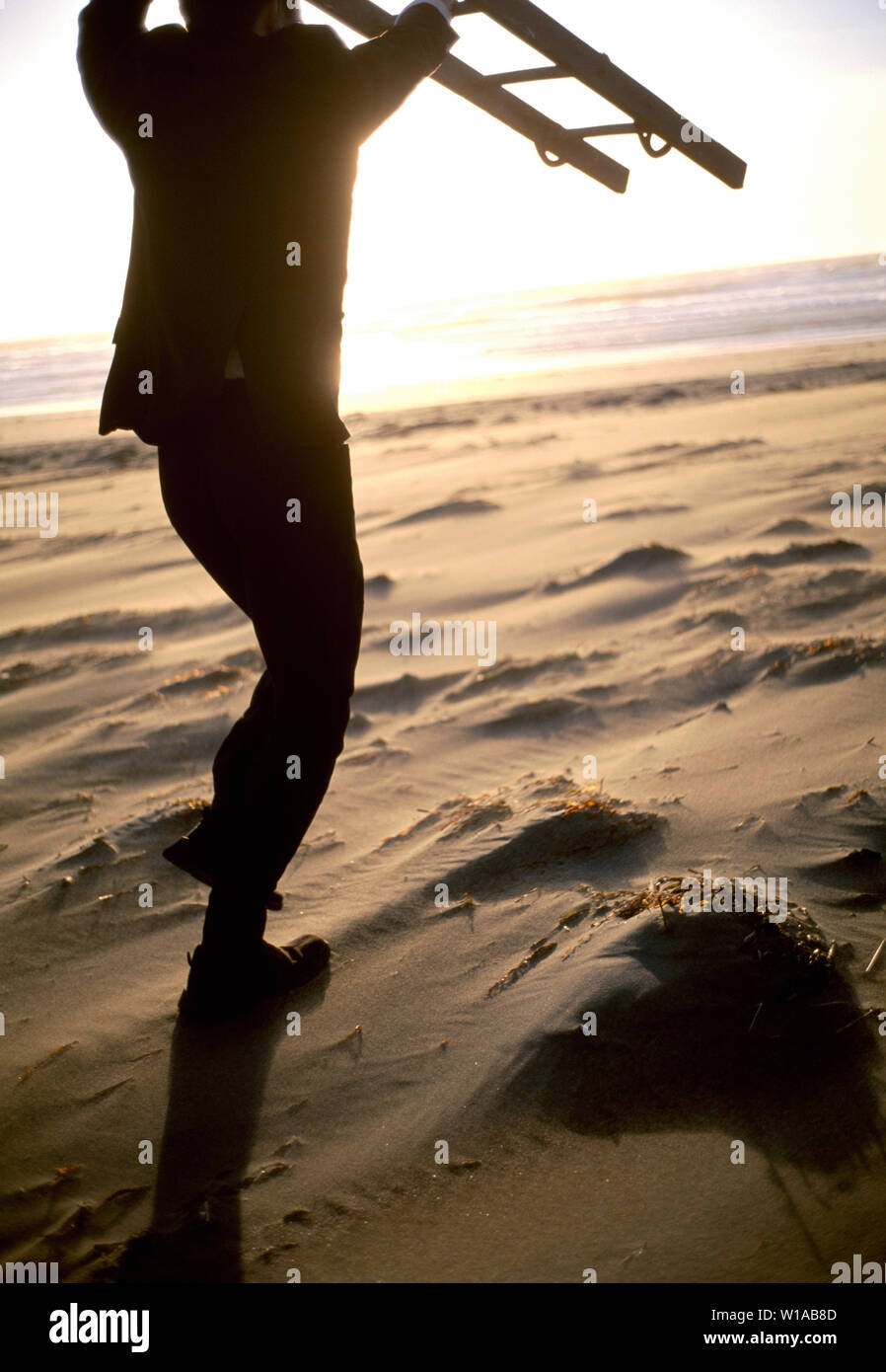 Man holding ladder on a beach during sunset Stock Photo - Alamy