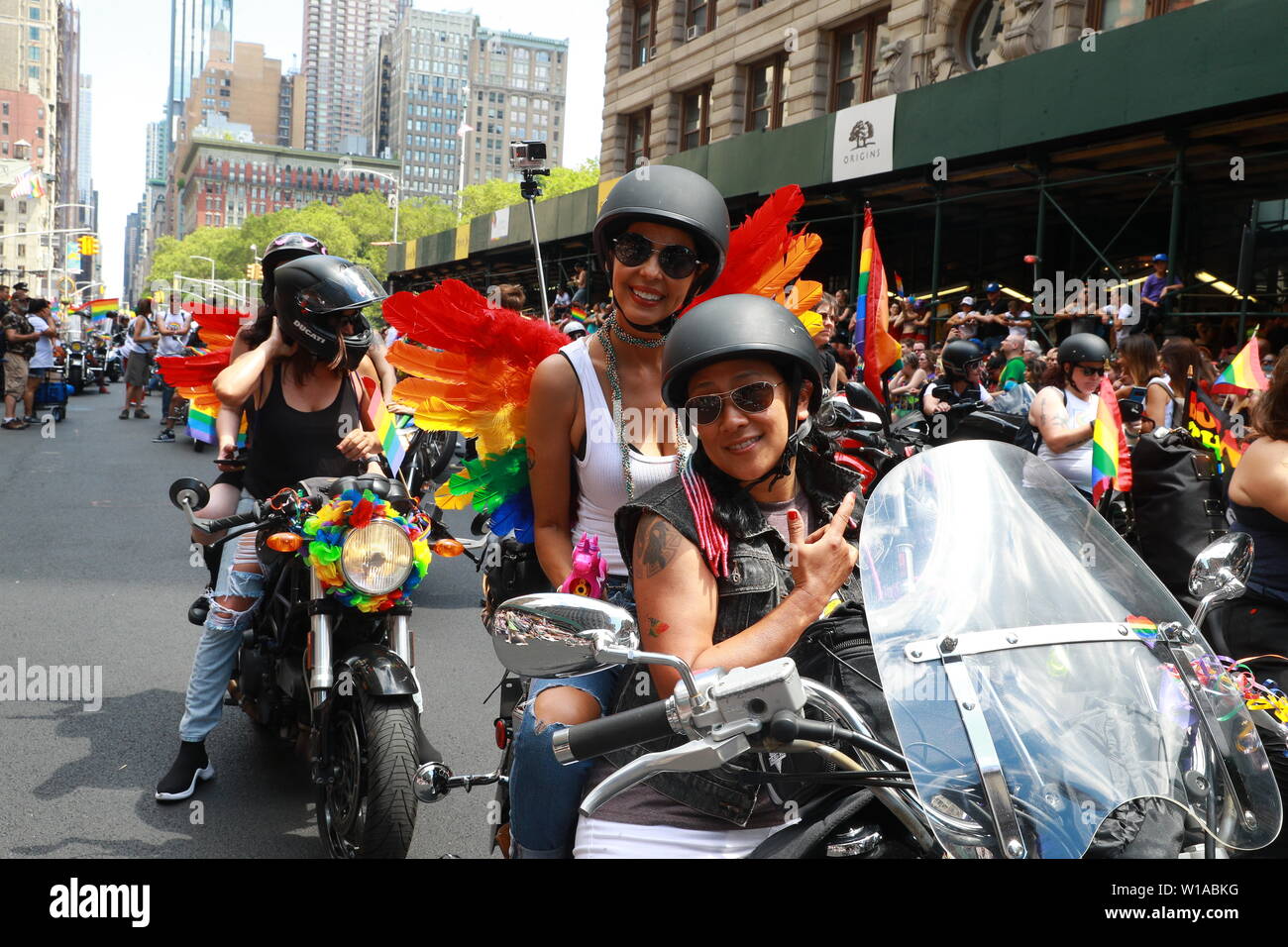 NEW YORK, NEW YORK - JUNE 30: Women ride motorcycles for the start of ...