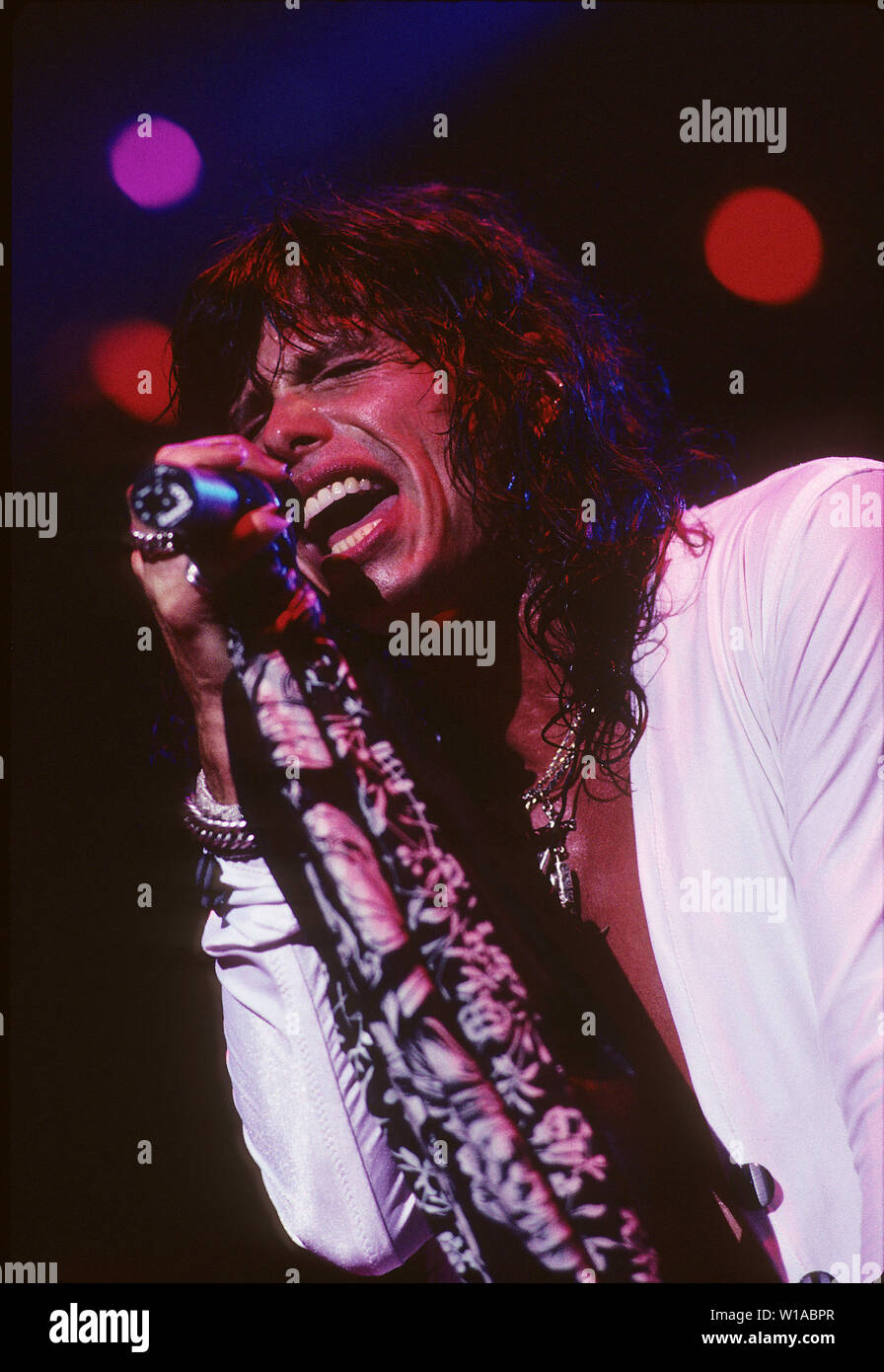 AEROSMITH US rock group with Steve Tyler at The Forum on March 18, 1990 ...