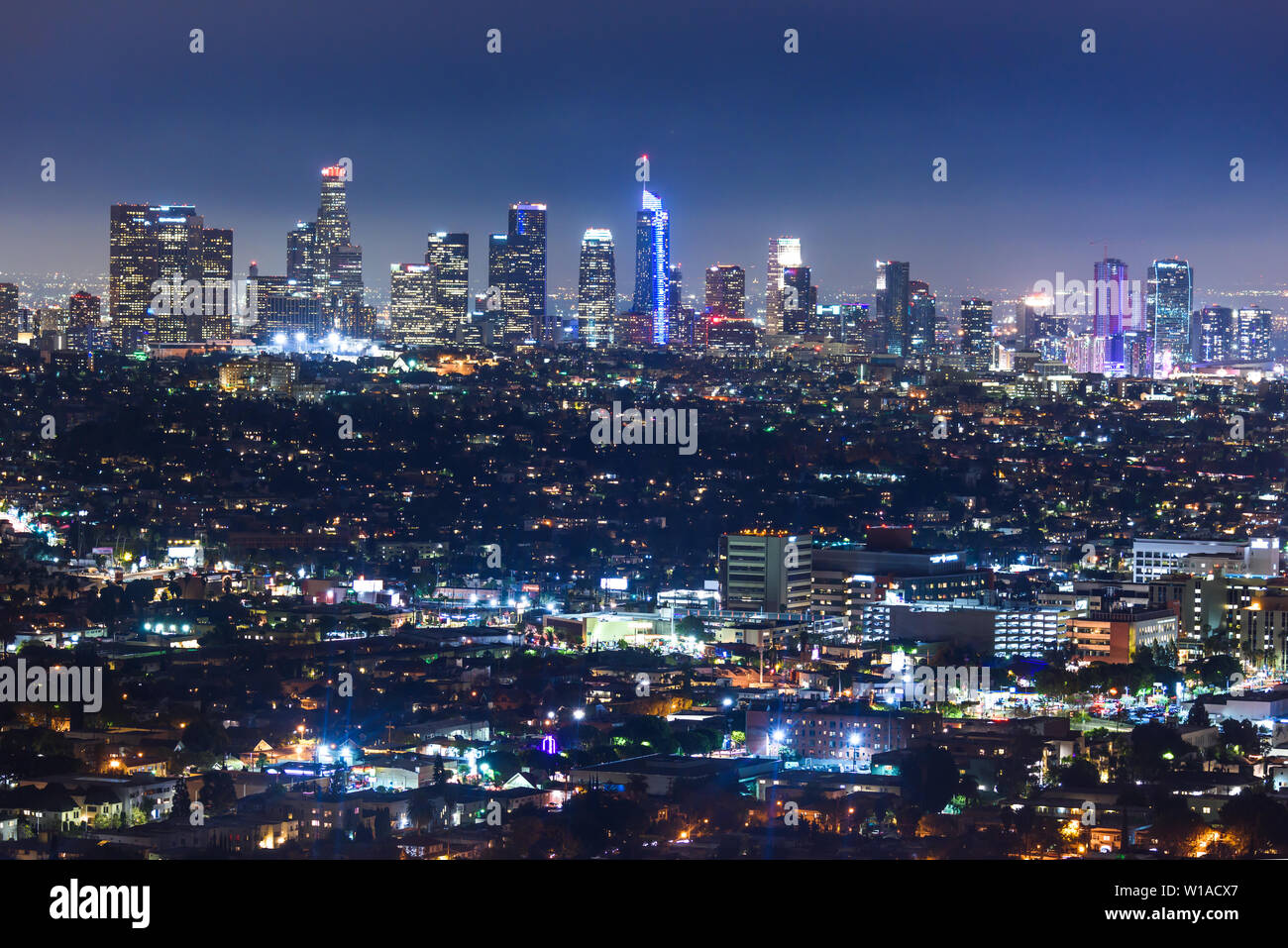 Downtown Los Angeles skyline at night Stock Photo - Alamy