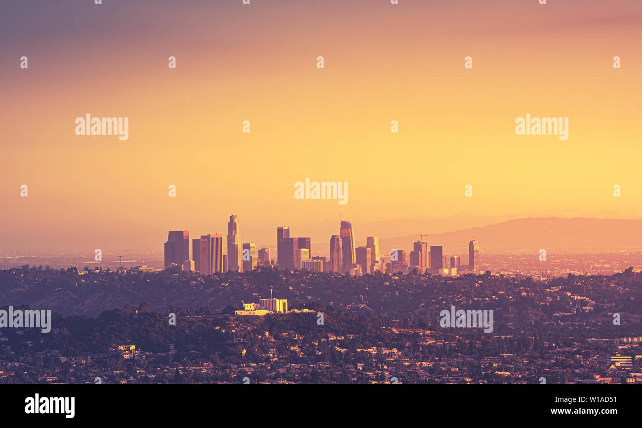Downtown Los Angeles skyline at sunset Stock Photo - Alamy