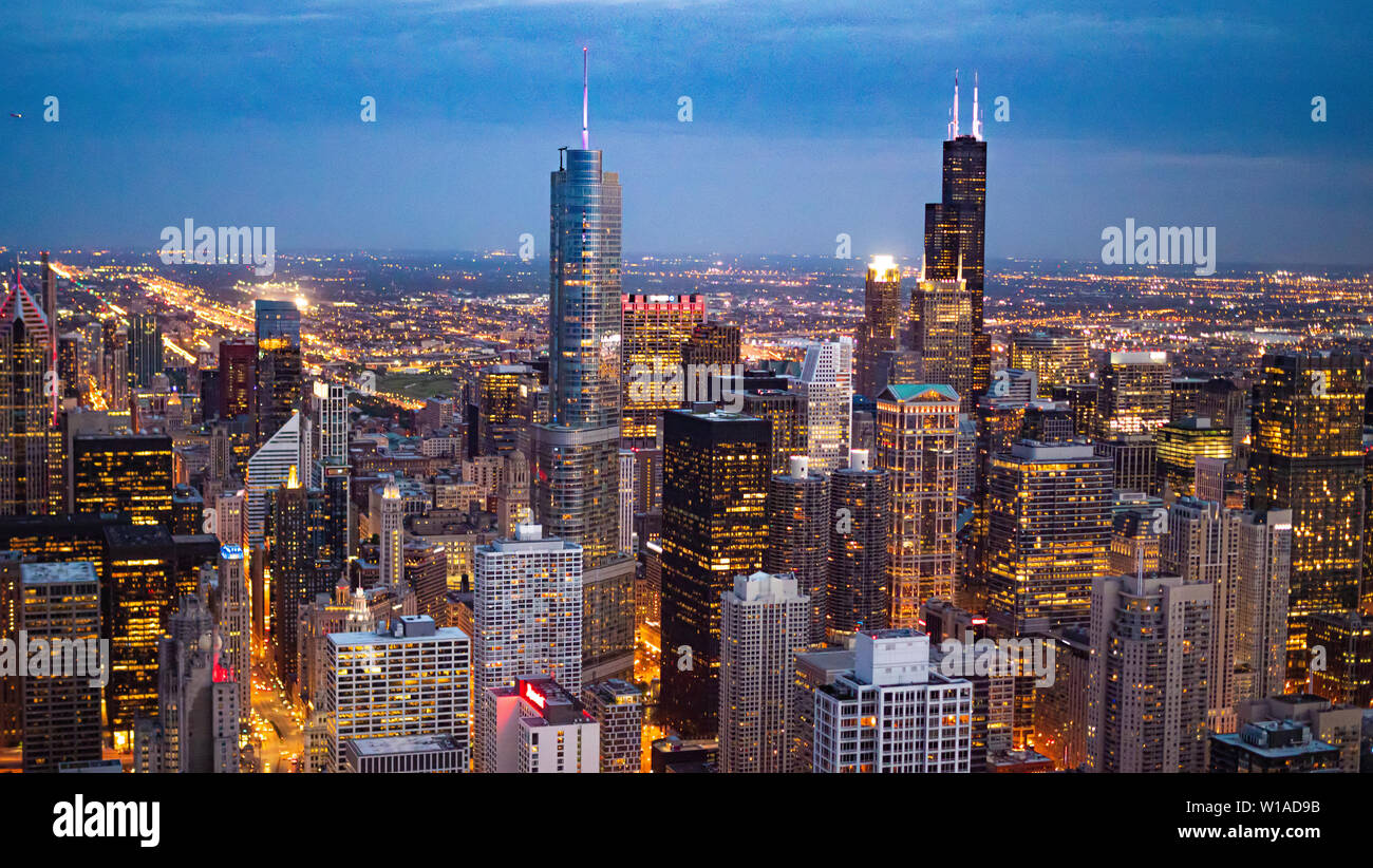 Chicago by night - impressive aerial view over downtown - street ...