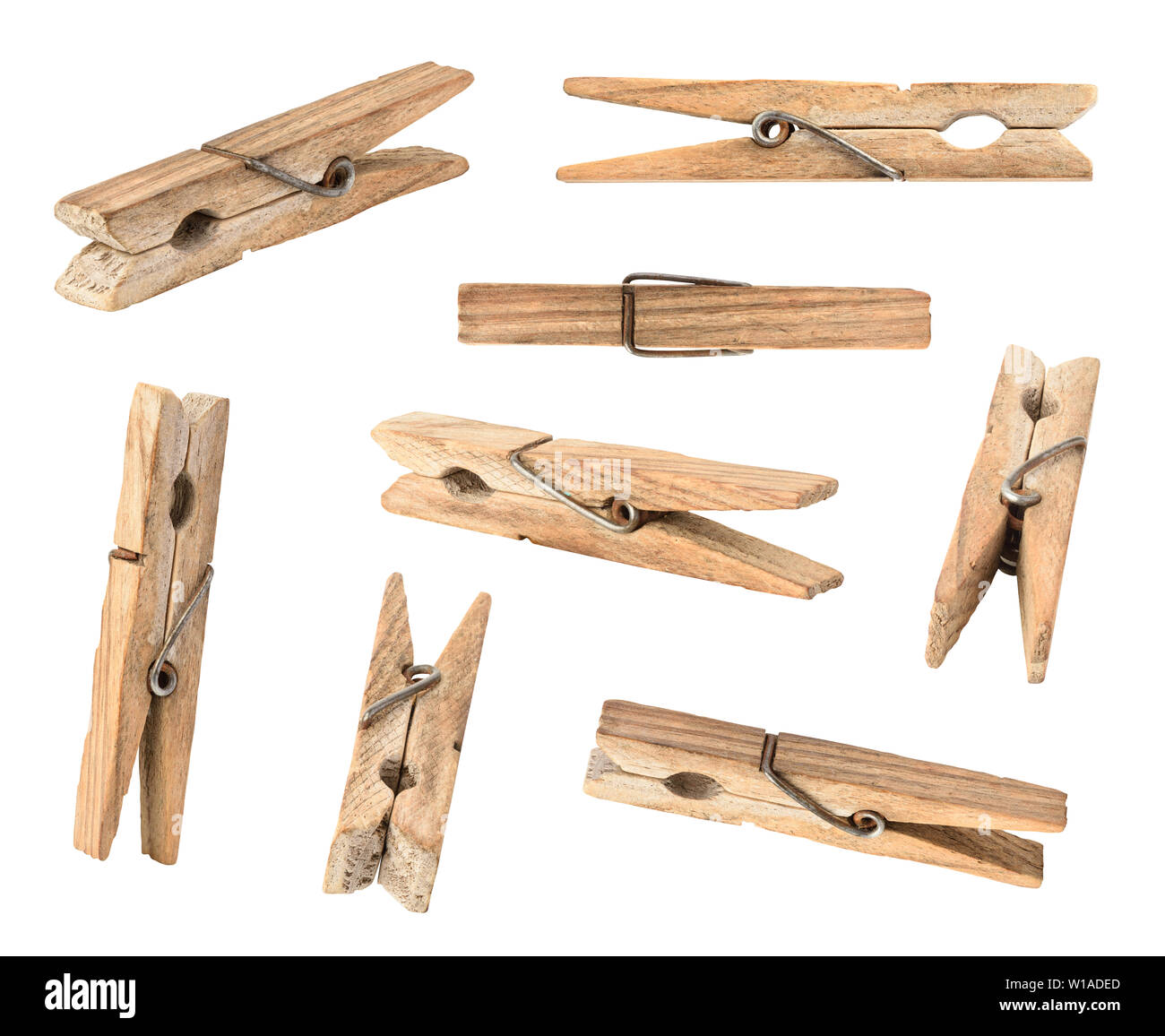 Set of wooden cloth pegs isolated on white background Stock Photo - Alamy