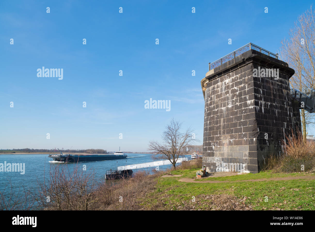 remnants of the Wesel railway bridge at the Rhine river. It was the ...