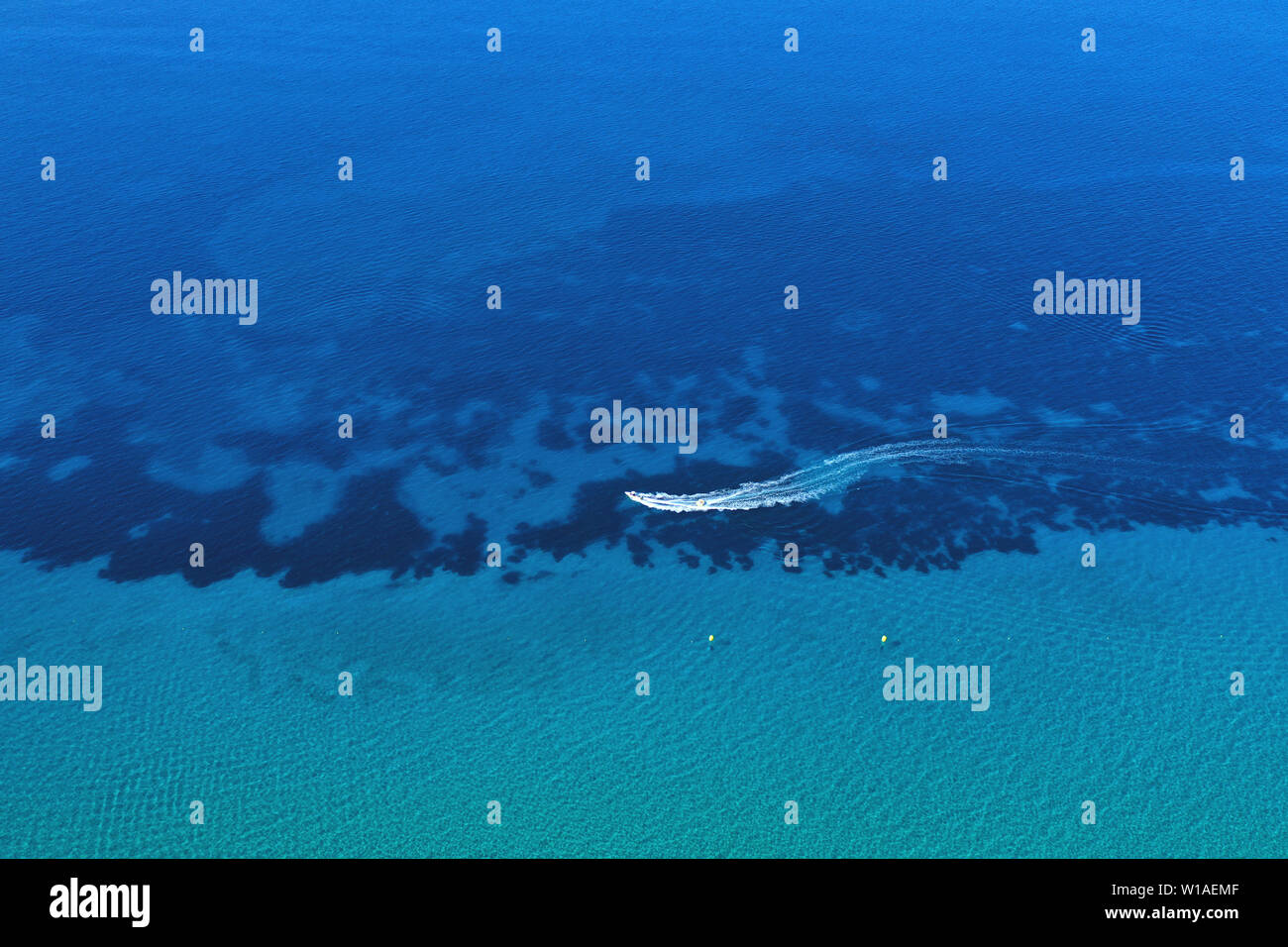 Aerial view of speed boat in motion. Water transportation and summer ...