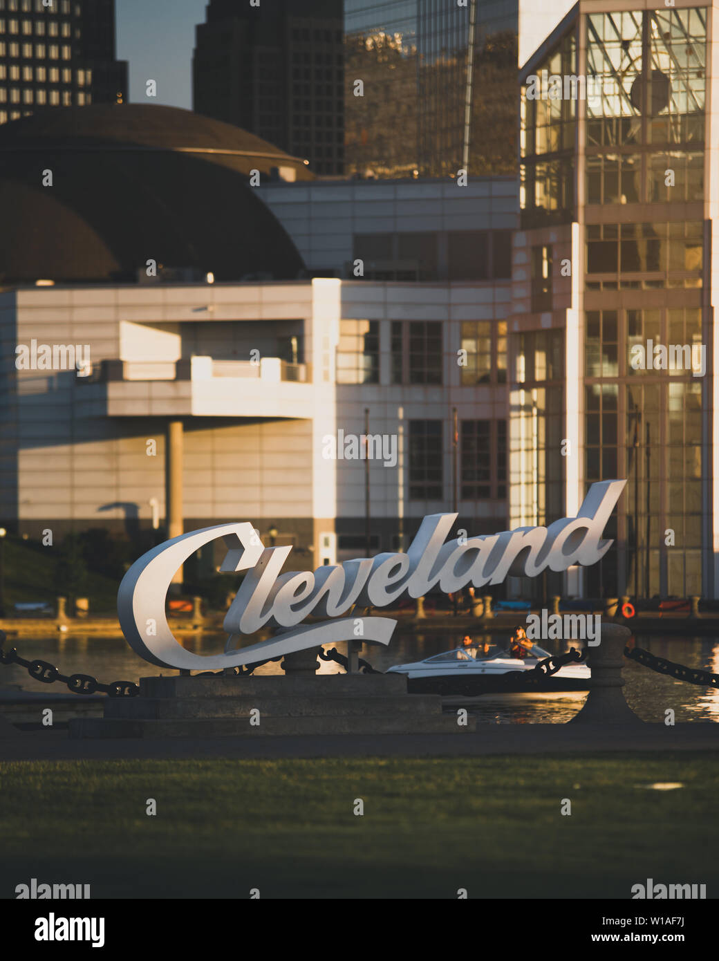 Cleveland Script Sign Voinovich Park Stock Photo - Alamy