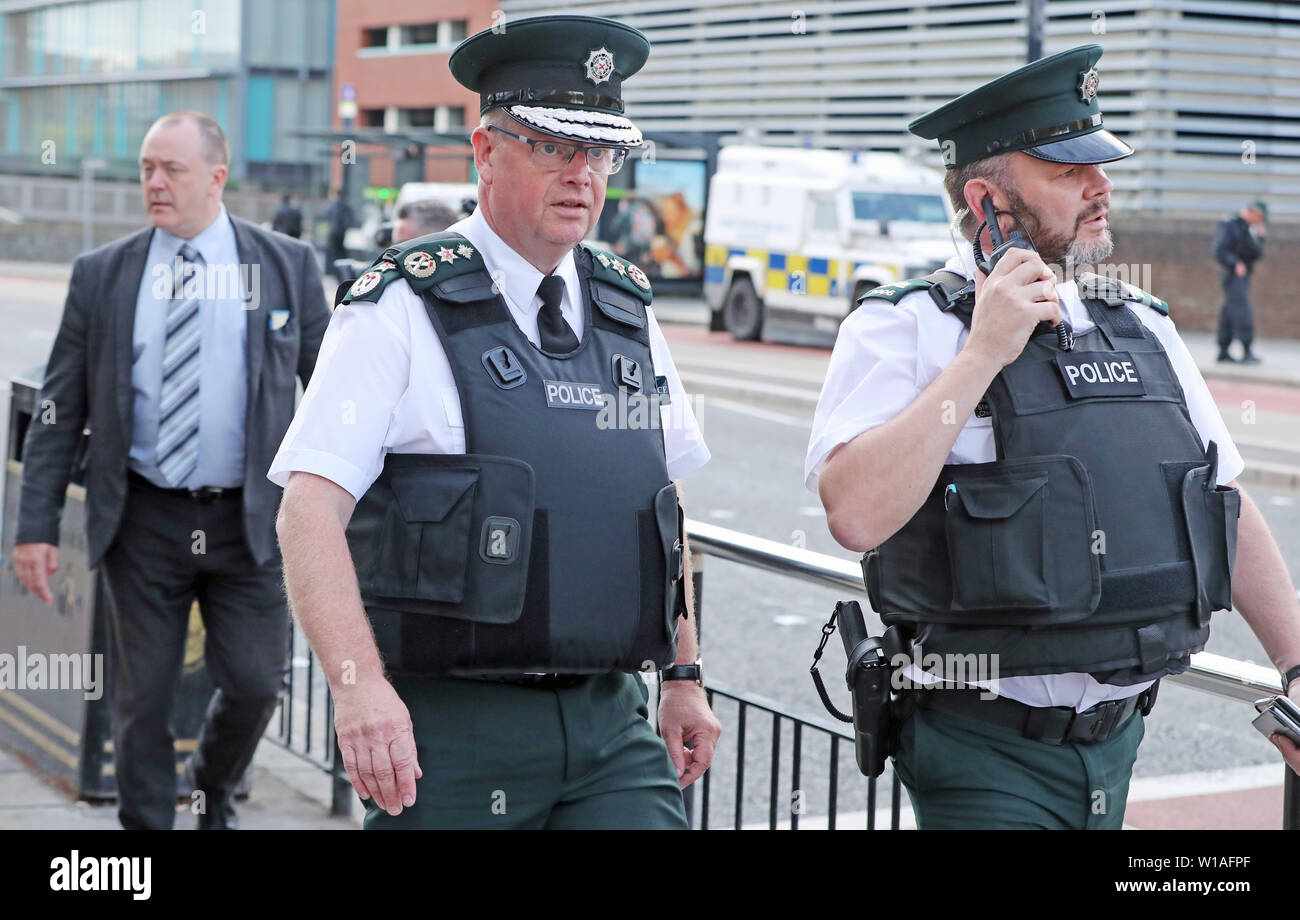 New PSNI Chief Constable Simon Byrne (centre) on a walk about in east ...