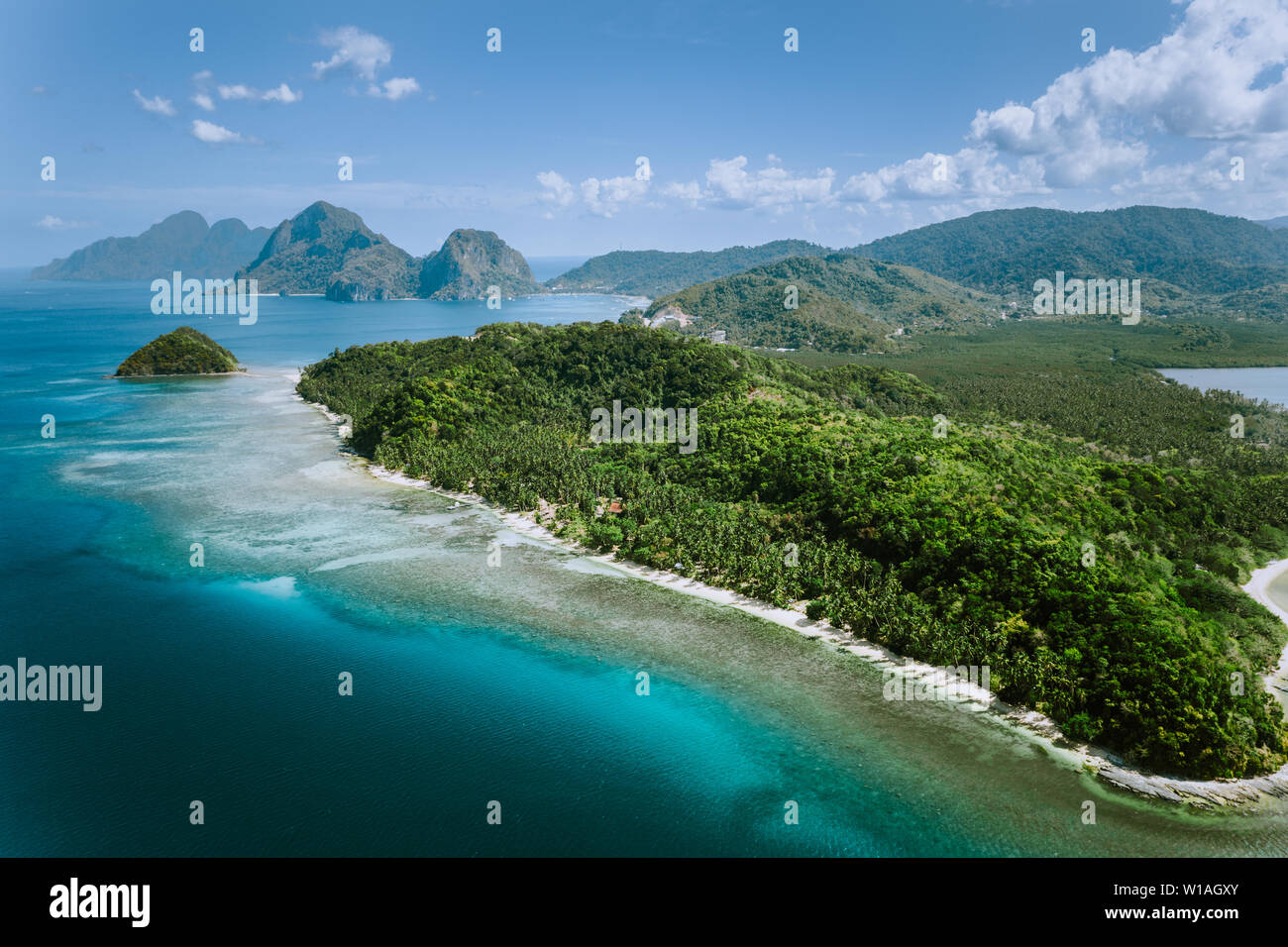 Aerial panoramic view of Palawan amazing coastline, majestic limestone ...