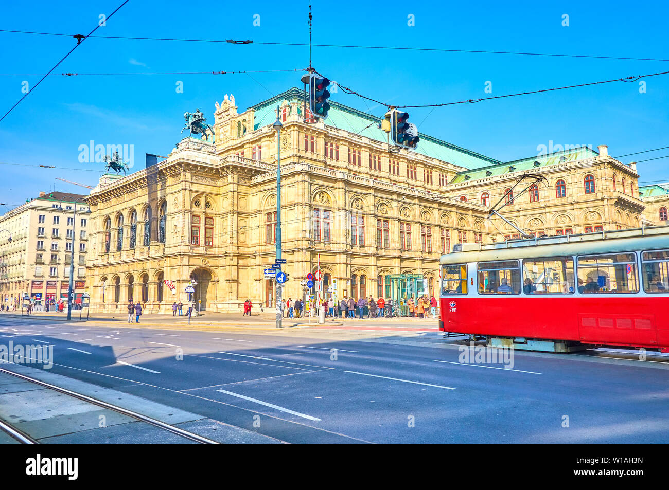 VIENNA, AUSTRIA - FEBRUARY 18, 2019: The retro style tram ridel along ...