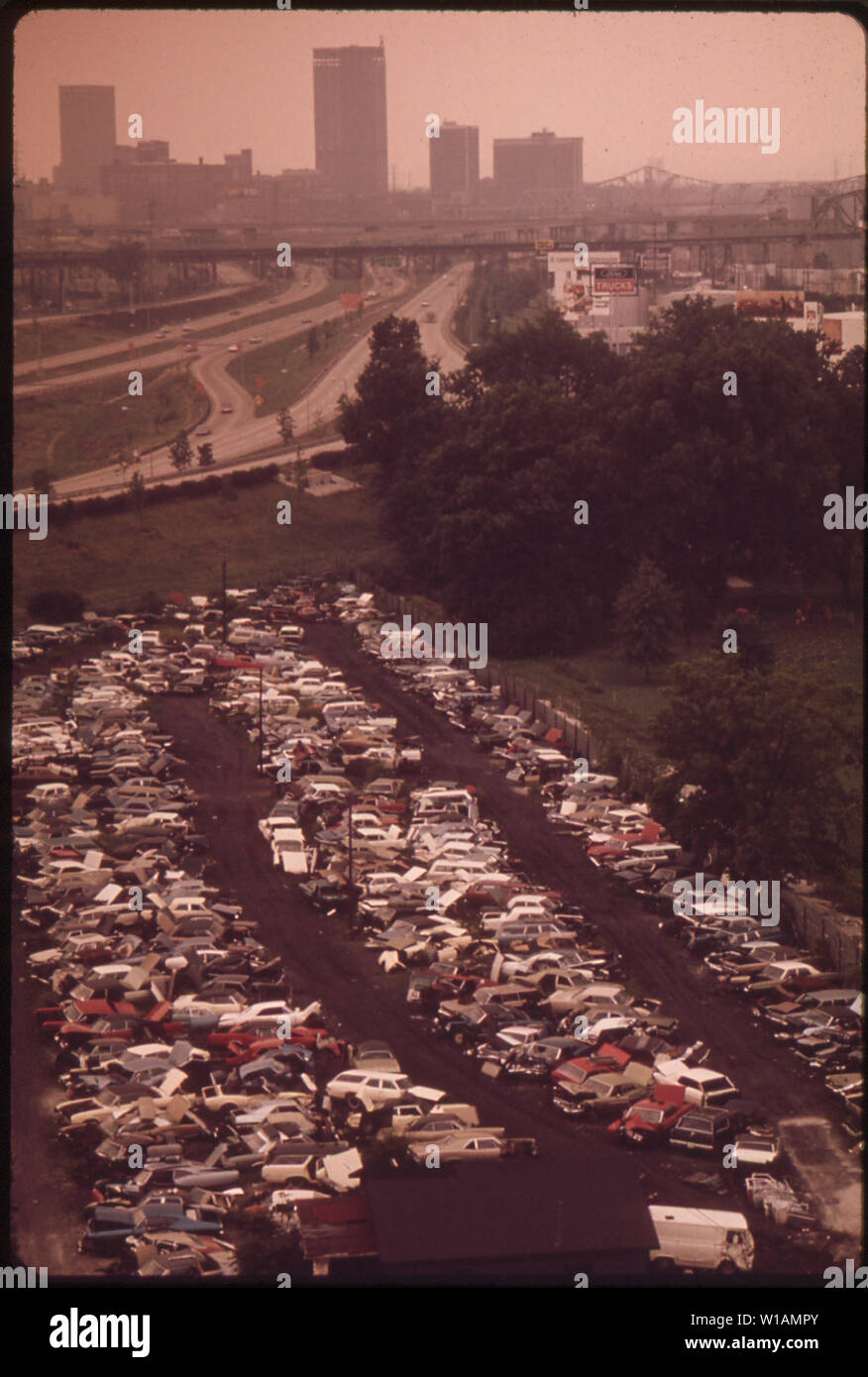 AUTOMOBILE JUNKYARD CAN BE SEEN FROM HIGH RISE BUILDINGS IN DOWNTOWN ...