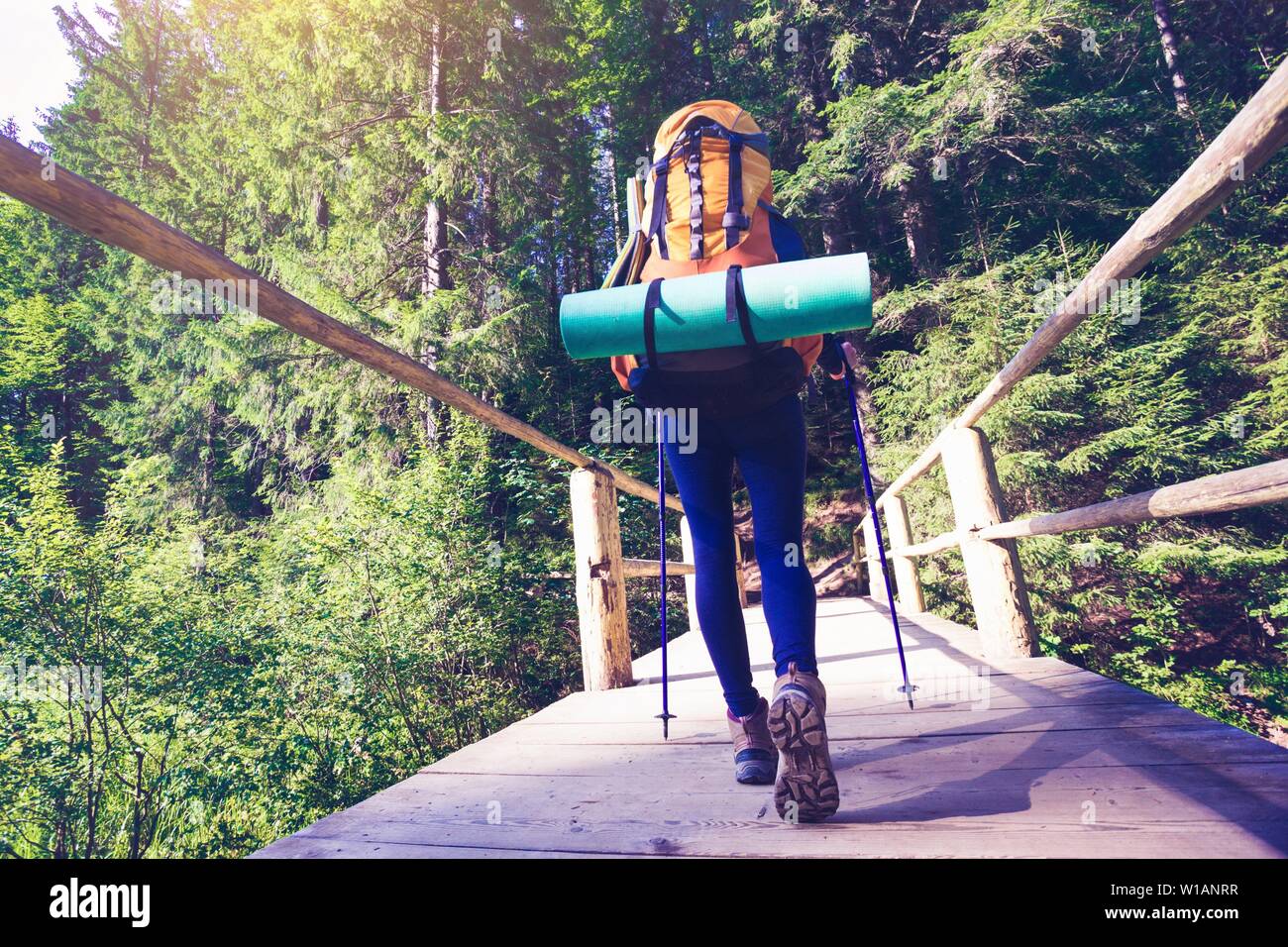 girl tourist steps on a wooden trail. wooden bridge Stock Photo - Alamy