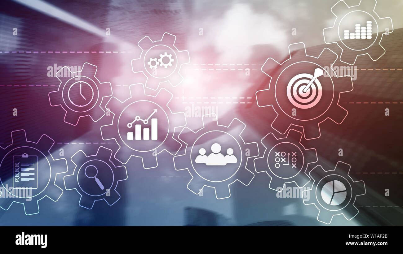 Business process automation concept. Gears and icons on abstract ...