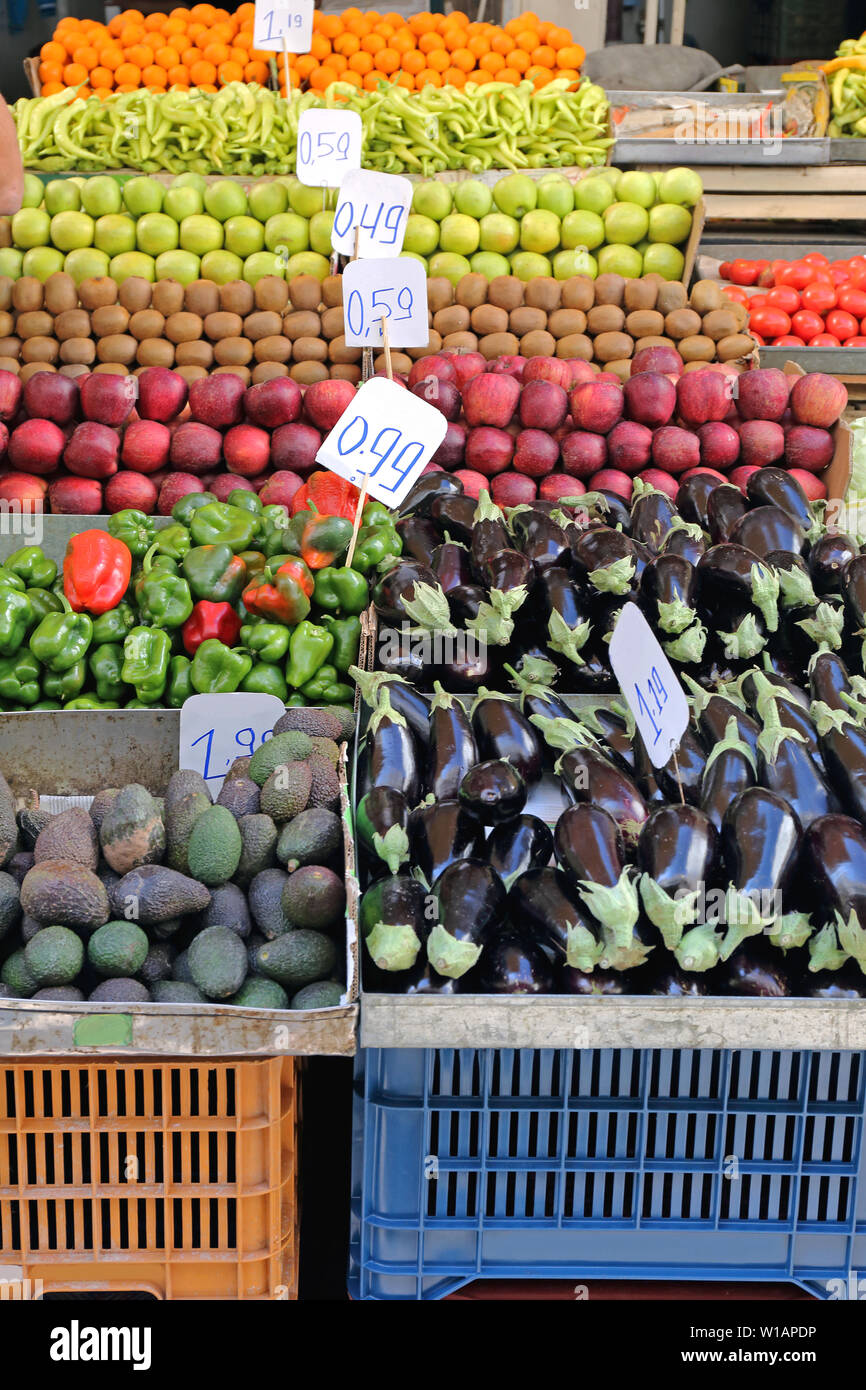 Nicely Stacked Fruits and Vegetables at Farmers Market Stall Stock ...