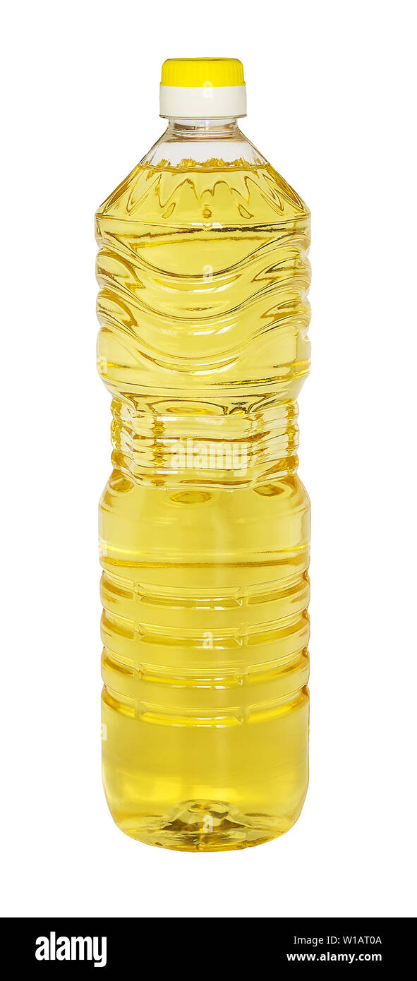 Yellow sunflower or vegetable oil in a plastic liter bottle isolated on ...