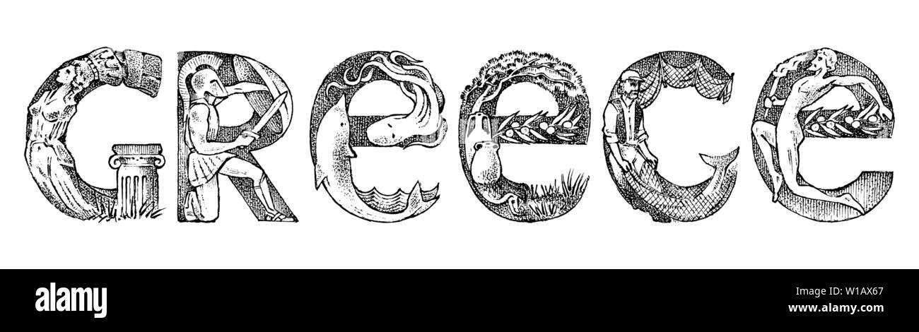 Inscription Greece in vintage style. Ancient antique Uppercase letters ...