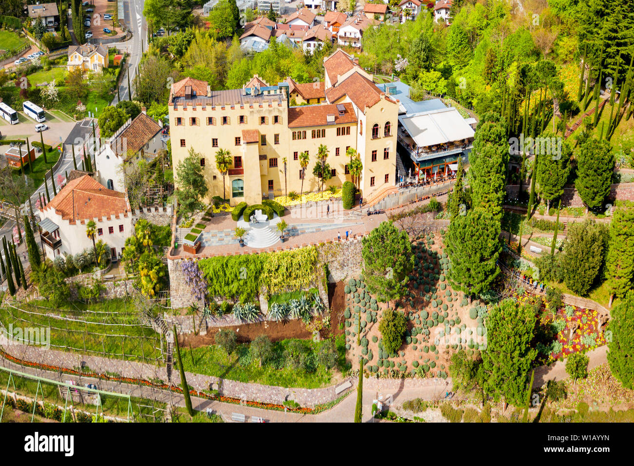 Aerial view of the Trauttmansdorff Castle Gardens, a botanical gardens ...