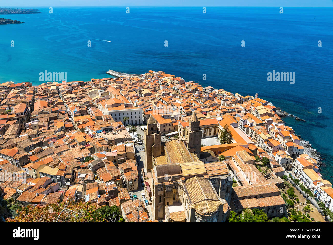 Aerial view of Cefalu old town, Sicily, Italy. One of the major tourist ...