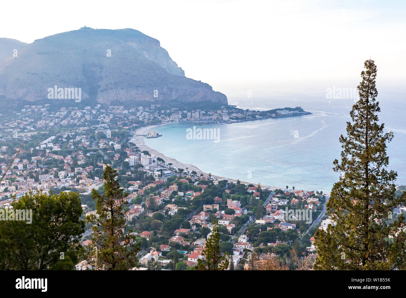 Panoramic aerial evening view of Mondello beach (Spiaggia di Mondello ...
