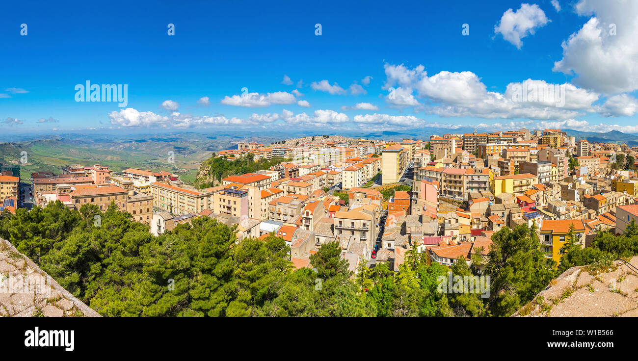 Picturesque panoramic aerial view of Enna old town, Sicily, Italy. Enna ...