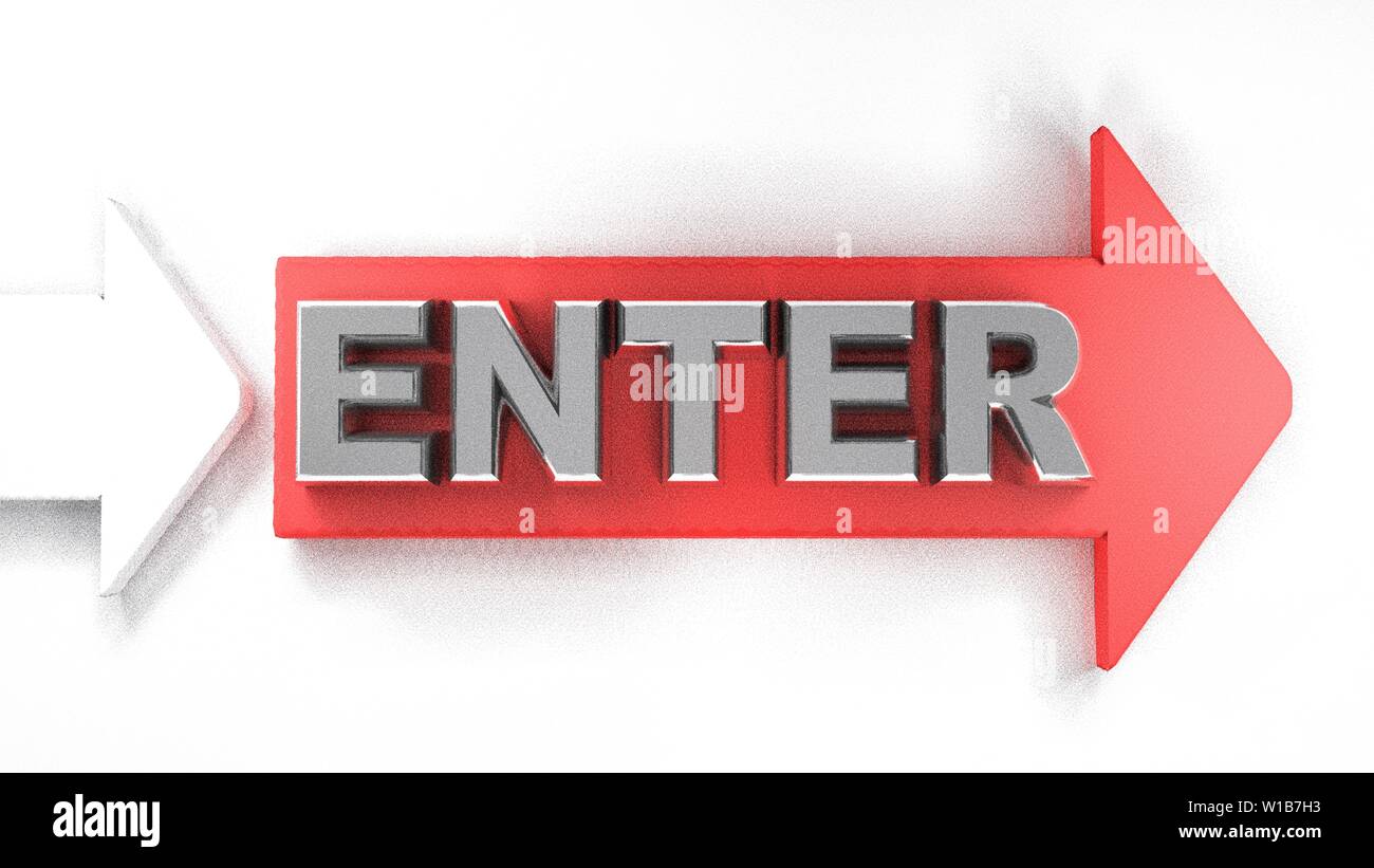 ENTER red arrow with metallic chromed write - 3D rendering illustration ...