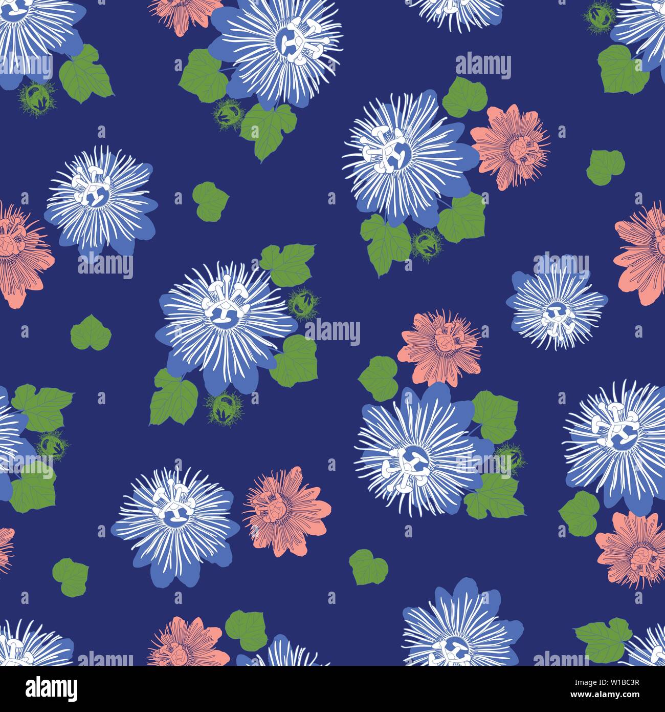 Vector indigo blue seamless pattern with leaves and wild flower ...