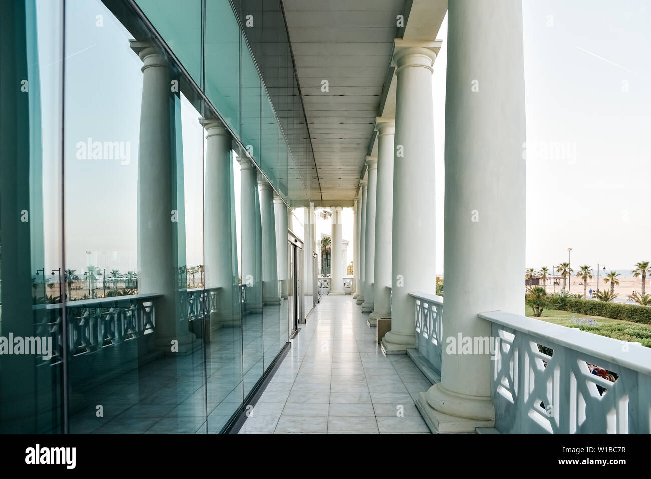 Building with simple classic Romanesque columns of white lines Stock ...