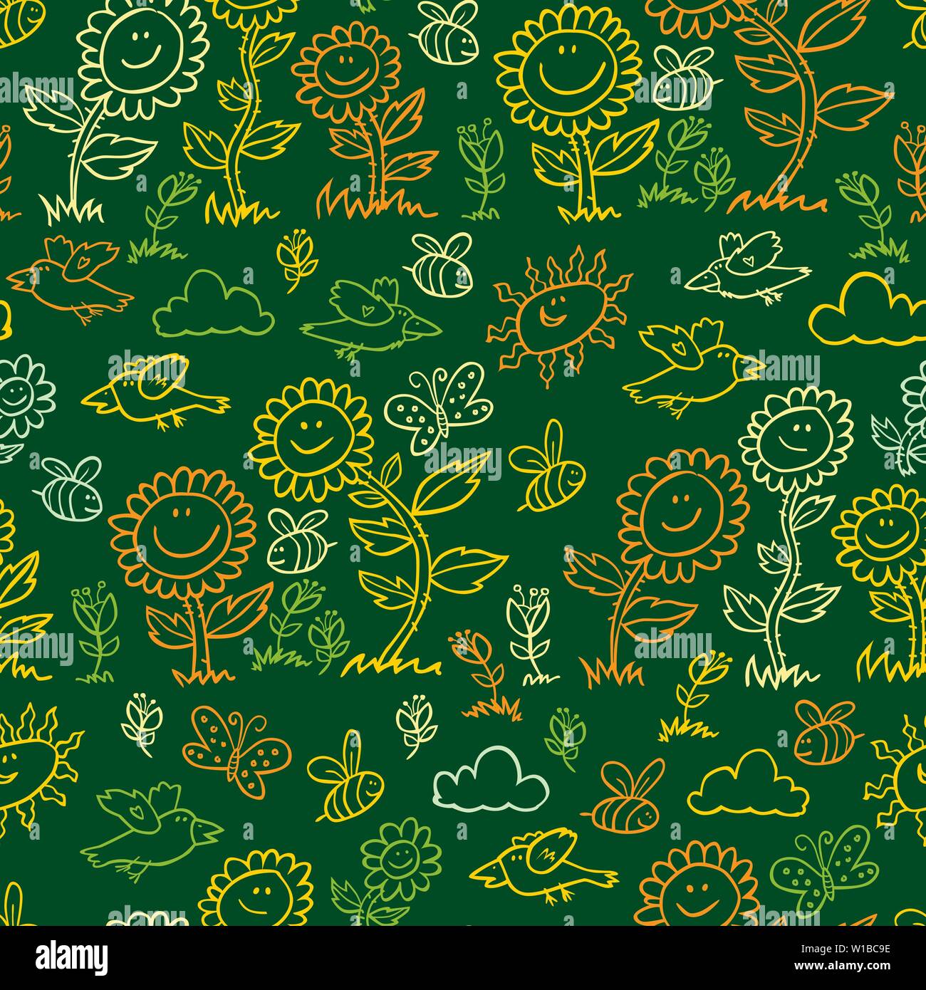 Vector green chalkboard style sunflowers, birds and bees repeat pattern ...