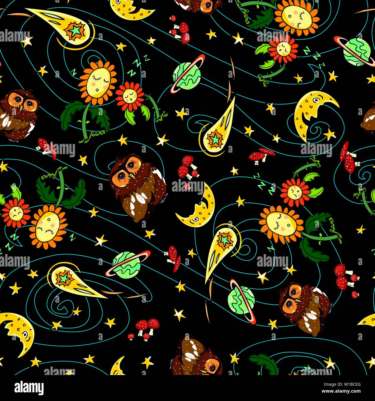 Vector colorful owl comet and moon repeat pattern with black background ...
