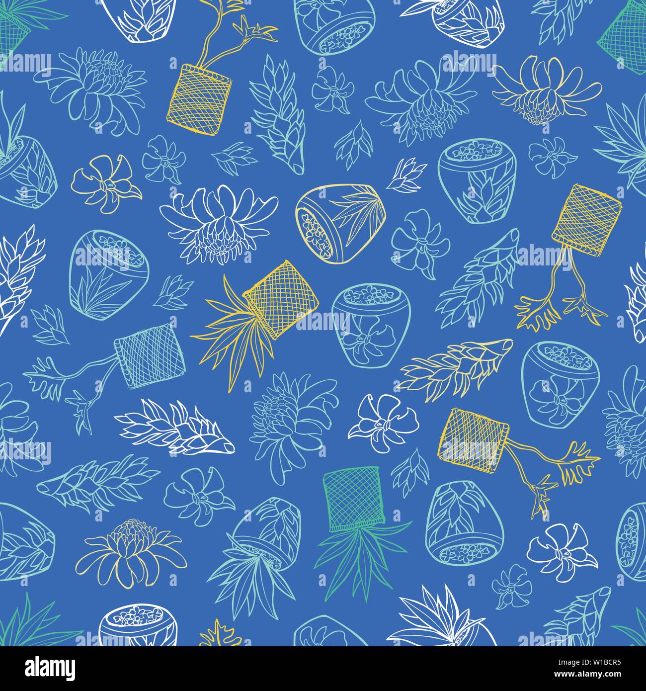 Vector blue tropical pattern with ginger flowers, basket plants and ...