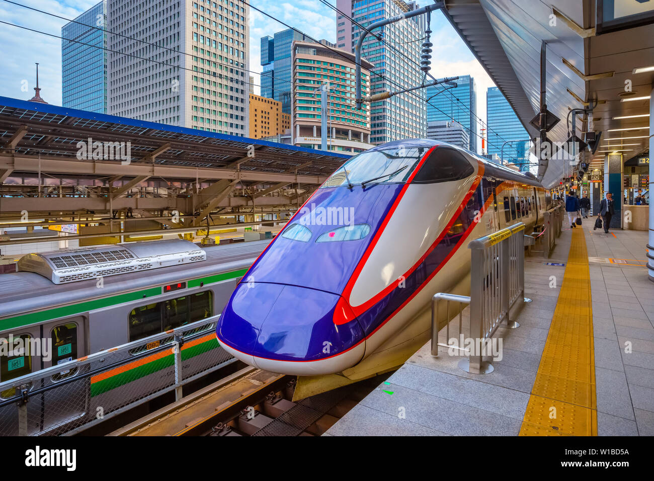 Tokyo, Japan - April 27 2018: Japanese Shinkansen high speed train at a train station Stock ...