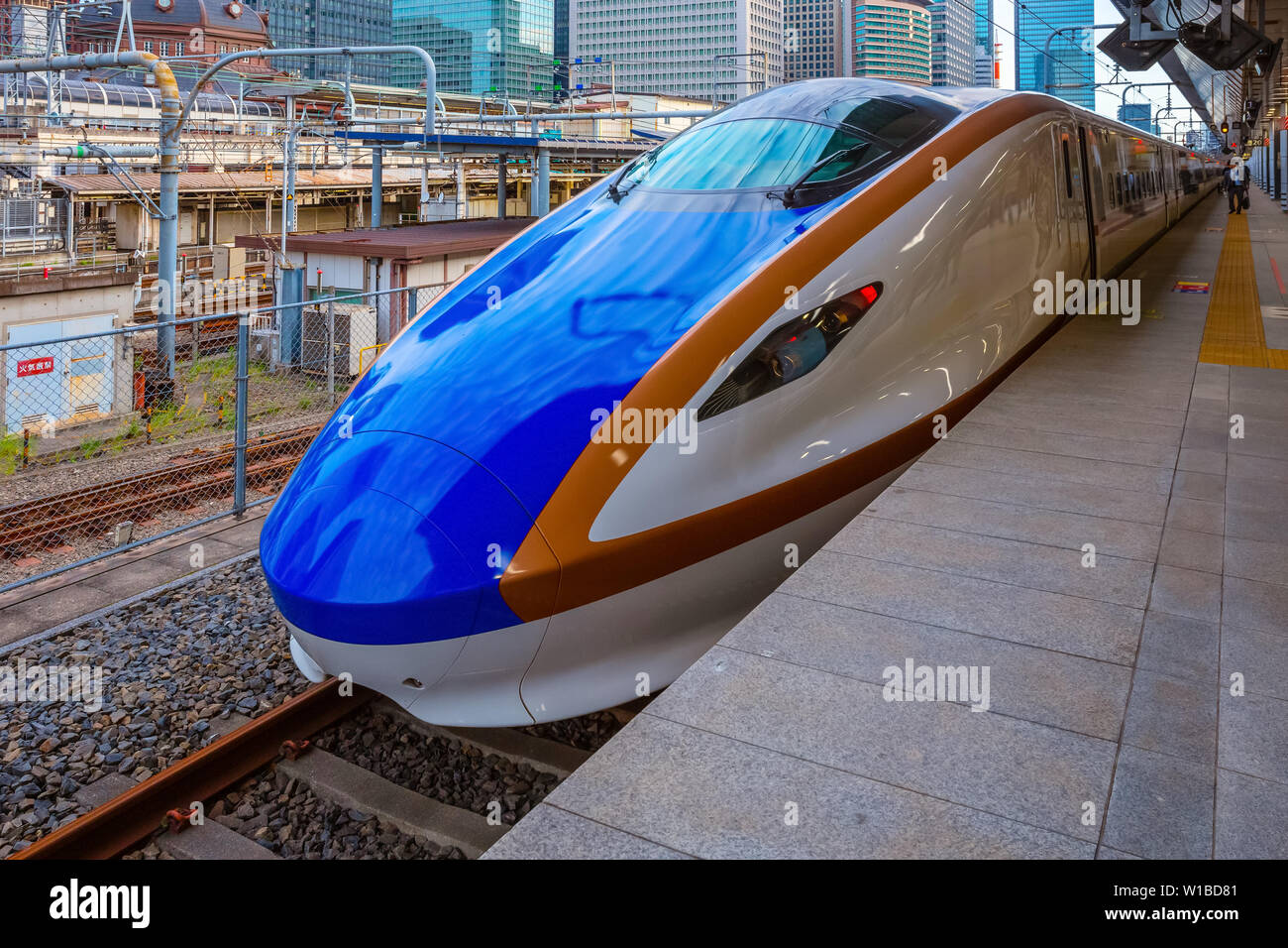 Tokyo, Japan - April 27 2018: Japanese Shinkansen high speed train at a train station Stock ...
